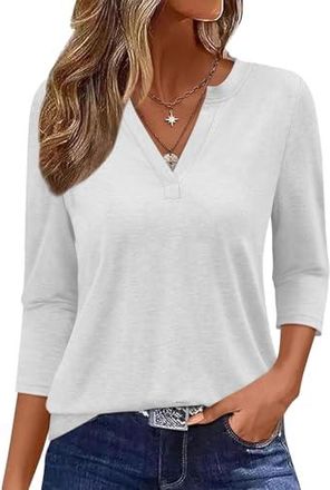 Onsoyours Tee Shirt Femme Manches 3/4 Col en V T-Shirt Ete Décontracté Haut Basic Top A Blanc M