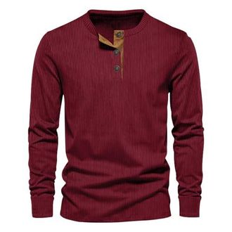 Generic T-shirt de loisirs en velours c&ocirc;tel&eacute; pour homme avec coupe ajust&eacute;e et manches longues de couleur unie, d&eacute;contract&eacute;, coupe ajust&eacute;e, bordeaux, XXL