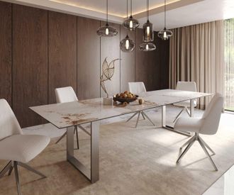 DELIFE Esstisch Edge 300x100 Keramik Minas Melange Wei&szlig;-Beige Edelstahl Schmal, Esstische