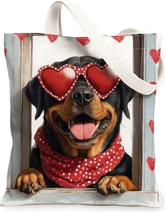 Generic Rottweilers Sac fourre-tout en toile pour faire du shopping Motif chien 33 x 38,1 cm, sac &agrave; bandouli&egrave;re r&eacute;utilisable pour la Saint-Valentin, d&eacute;coratio