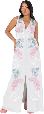 Maya Womens Ladies Maxi Dress V-Neckline Sleeveless Floral Sequin Embellished Button Front Slit for Wedding Guest Occasion Hellgrau 42