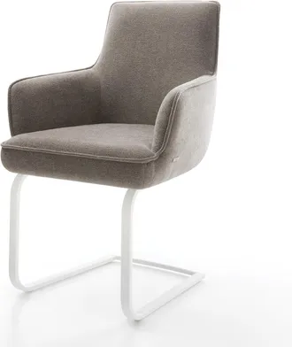 DELIFE Freischwinger Heira-Flex mit Armlehnen Strukturstoff Soft Taupe Freischwinger flach Wei&szlig; Taschenfederkern, Esszimmerst&uuml;hle