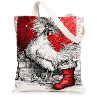 Generic Sac fourre-tout en toile motif oiseau de No&euml;l, sacs l&eacute;gers et lavables avec bandouli&egrave;re r&eacute;utilisable style vintage T, Rouge, 13x15 Inch