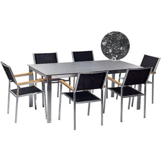Beliani Gartenm&ouml;bel Set 7-Teilig Schwarz Edelstahl 6 St&uuml;hle Polyester Tisch 180x90 cm Sicherheitsglas Keramik Gartenausstattung Terrasse Outdoor Indoor