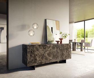 DELIFE Sideboard Cuor 180 cm Keramik Emperador Extra Lucidato Dunkelbraun 2 T&uuml;ren 3 Schubf&auml;cher Fu&szlig; Schwebeoptik Metall Schwarz, Sideboards