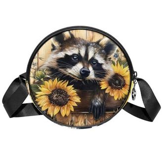 Generic Sac &agrave; bandouli&egrave;re rond pour femme, motif tournesol raton laveur, petit sac &agrave; bandouli&egrave;re avec fermeture &eacute;clair, bretelles r&eacute;glables, sac &agrave; main rond d
