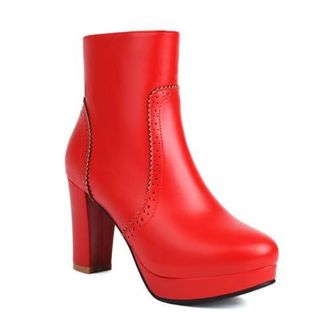 Generic Bottines &agrave; talon carr&eacute; et bout rond pour femme avec fermeture &eacute;clair lat&eacute;rale - Chaussures dhiver chaudes en peluche, Rouge, 40.5 EU