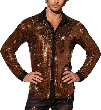 Generic Chemise &agrave; paillettes pour homme - &Agrave; manches longues et paillettes - Costume disco des ann&eacute;es 70 et 80 - Style r&eacute;tro - Pour f&ecirc;te, discoth&egrave;que, nouvel a