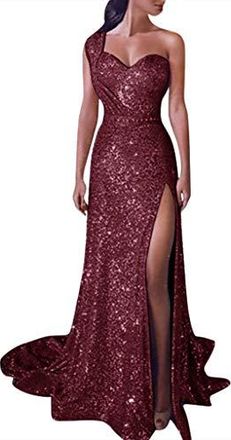 Generic Robe de bal &agrave; paillettes pour femme - Robe de soir&eacute;e sexy dor&eacute;e - Col en V - Robe longue sous le genou - Robe formelle pour femme, bordeaux, L