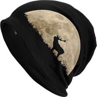 Generic Homme Femme Bonnets De Ski Sc&egrave;ne De Lune avec Un Orignal Bonnets Tricot&eacute; Classique Bonnet dhiver Mode Bonnet &Agrave; Revers pour Quotidien Course Ski
