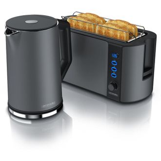 Arendo 2-teiliges Fr&uuml;hst&uuml;cksset - Edelstahl Wasserkocher 1,5l, 4-Scheiben Langschlitz Toaster, Grau - Arendo