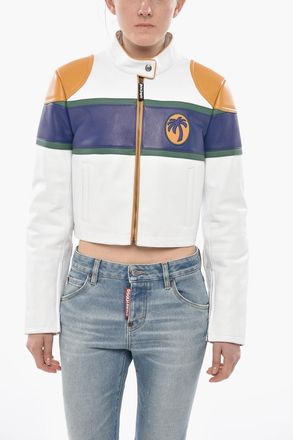 Palm Angels Cropped Leather Jacket CB CLASSIC With Contrast Details Palm Angels
