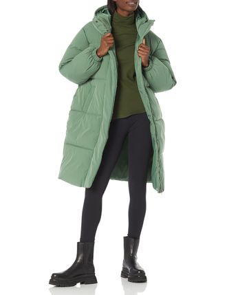 Amazon Essentials Damen Lange Oversize-Daunenjacke mit Kapuze (in Übergröße erhältlich), Salbeigrün, 3XL Große Größen