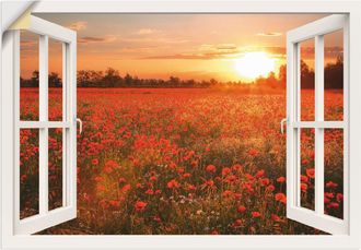 Artland ARTland Wanddeko Wandtattoo selbstklebende Vinylfolie 100x70 cm Fensterblick Fenster Natur Botanik Blumen Mohnblumen Sonnenuntergang T5ZO
