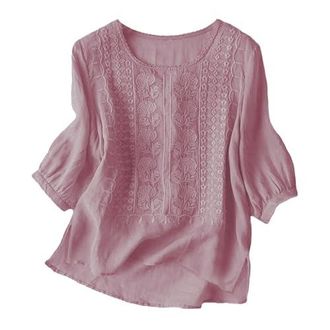 Generic Chemisiers en lin pour femme - D&eacute;contract&eacute; - Vintage - Broderie - Manches 3/4 - Col rond - Manches courtes - Tendance - V&ecirc;tements boh&egrave;mes, rose, XXL