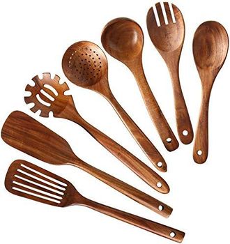 Generic Ensemble dustensiles de cuisine en bois - 7 pi&egrave;ces cuill&egrave;res de cuisine en teck naturel et spatule pour ustensiles de cuisine antiadh&eacute;sifs, ustensiles