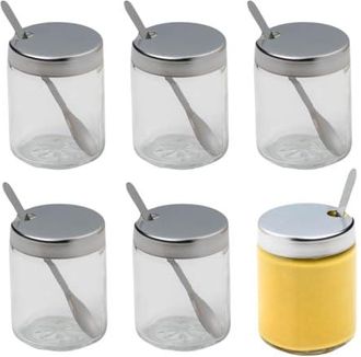 Fackelmann 4665250 Lot de 6 moutardiers avec cuillères, moutardier, Pot à Moutarde, Acier Inoxydable, Verre, 6 x 4,5 cm, Transparent, INOX
