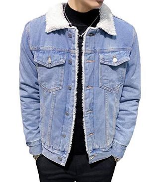 Minetom Trucker Veste en Jean Homme Blouson en Jean Trucker Jacket Denim Blouson Denim Moto Doublure en Molleton Artificiel Veste Jean A Bleu Clair 5XL