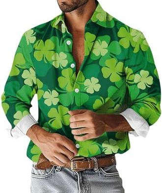 Generic Chemise de la Saint-Patrick &agrave; manches longues pour homme avec tr&egrave;fle vert imprim&eacute; tr&egrave;fle irlandais porte-bonheur boutonn&eacute; pour la plage, la Saint-Patr