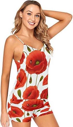 Mnsruu Ensemble de pyjama en satin pour femme Motif coquelicot Rouge - Multicolore - M