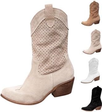 Generico Bottes de cowboy en daim pour femme - Bottes de cowgirl mi-mollet avec fermeture &eacute;clair lat&eacute;rale - Bout pointu - Talon &eacute;pais - Chaussures vintage anti