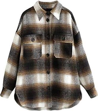 TOMWELL Surchemise en Laine Femme Veste a Carreaux Chemise D&eacute;contract&eacute; Oversized Femme Blouse 2 MarronM