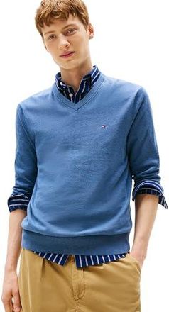 Tommy Hilfiger Pull Homme Essential Cotton Col en V, Bleu (Petrol Blue Heather), XXL