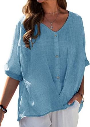 Minetom Chemisier Femme Lin T-Shirt Grande Taille Chemise à Col V Boutons Manche Courte Col Rond Couleur Unie Blouses A Bleu M