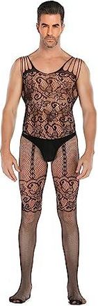 Generic Lingerie en dentelle transparente pour homme, v&ecirc;tements sissy sexy serr&eacute;s d&eacute;coup&eacute;s chemise de nuit &eacute;lastique body une pi&egrave;ce A23