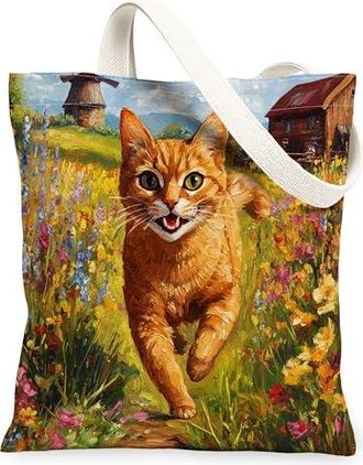 Generic Sac fourre-tout en toile motif chat abyssin printanier pour faire du shopping, 33 x 38,1 cm, sac d&eacute;picerie r&eacute;utilisable pour femme, motif floral amusa