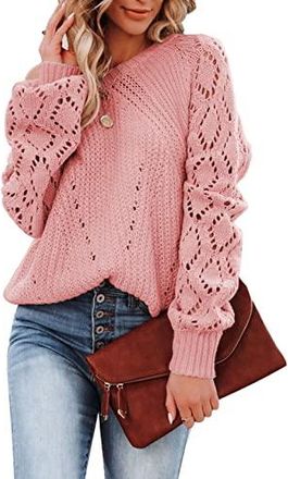 Dokotoo Pull en Tricot pour Femme Col Rond &agrave; Manches Longues Pulls Chic et &Eacute;l&eacute;gant Hauts Chaud Automne Hiver Pullover, Rose, XL