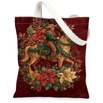 Generic Sacs fourre-tout en toile &agrave; motif floral de No&euml;l, sacs d&eacute;picerie r&eacute;utilisables, rustiques, l&eacute;gers, lavables, Rouge, 13x15 Inch