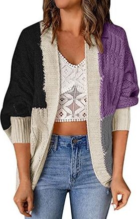Generic Vestes pour femmes 2026 Mode &agrave; manches longues Colorblock Contraste Cardigan d&eacute;contract&eacute; l&eacute;ger en tricot doux, Noir, XL