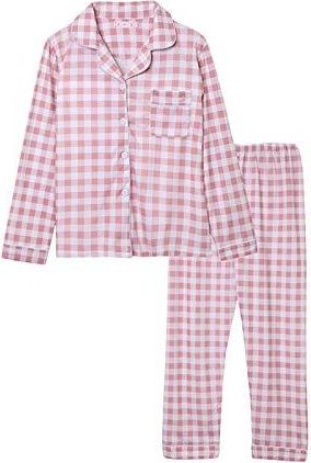 Minetom Ensembles de Pyjama Femme 2 Pièces Bouton Vêtements de Nuit À Carreaux Manches Longues Col V Chemise et Pantalon Style A 40