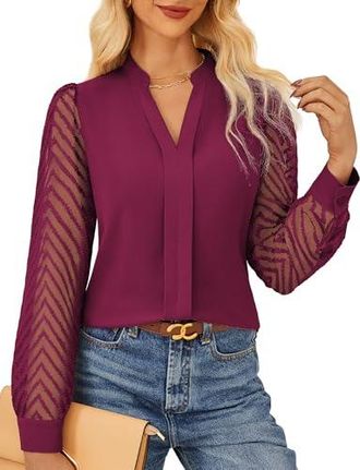 Grace Karin Chemisier &eacute;l&eacute;gant textur&eacute; &agrave; manches semi-transparentes pour femme, chemise de travail Henry classique &agrave; col en V, Rouge/violet, S