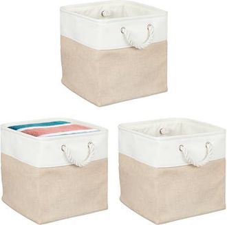 Relaxdays Aufbewahrungskorb, 3er Set, Leinen, mit Seilgriffen, Kleidung, Spielzeug, 30x30x30 cm, Regalkorb, beige/weiß
