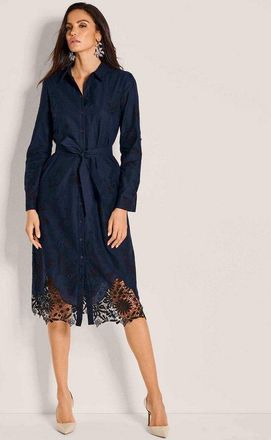 Madeleine Maxikleid Baumwollkleid mit Spitze Midikleid mit Hemdkragen, Knopfleiste, Taschen, Kniel&auml;nge und Langarm