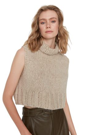 Trendyol Damen Crew Neck Plain Fitted Vest Sweater, Greige, M EU