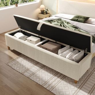 STILVORA Banc Coffre de Lit avec Rangement Hydraulique et Assise Capitonn&eacute;e, Pieds en Bois, en Velours C&ocirc;tel&eacute;, 145 &times; 38 &times; 46 cm, Beige