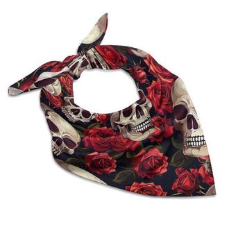 Generic Écharpe carrée en soie légère pour Halloween, motif tête de mort, motif squelette, fleurs, foulards pour cheveux, foulard respirant, cadeaux pour femm