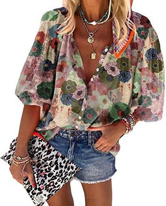 Onsoyours Femme Chemisier Mode Col V Blouse Demi Manches Imprimée Boutoné À Revers Haut Tunique Casual Lâche Top Vintage Plage Shirt (XXL, A Rouge)