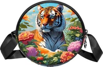 Generic Petit sac &agrave; bandouli&egrave;re rond pour femme, motif fleur de tigre, sac &agrave; dos avec fermeture &eacute;clair, bretelles r&eacute;glables, sac &agrave; main rond d&eacute;contract&eacute; pour 