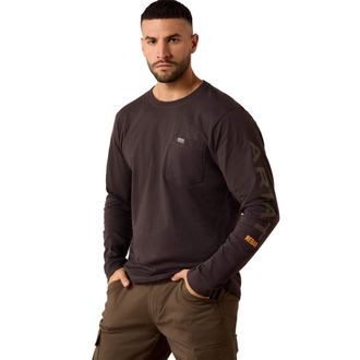 Ariat Mens Rebar Cotton Strong Standard Logo Pocket T-Shirt Long Sleeve in Licorice Canteen, Size X-Large, by Ariat