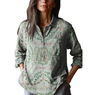 Generico Chemise Femme &Eacute;l&eacute;gant Manches Longues Chemises Coton Et Lin Curvy Respirant T Shirt Col en V Mode Chemisier Vintage Fantaisie avec Boutons Classique B