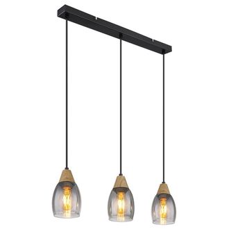 Globo Lighting Pendelleuchte Glas H&auml;ngeleuchte Glas Lampe Rauchglas, 3 flammig Holz natur Rauchglas Metall schwarz, 3x E27 Fassungen, LxBxH 55x10x120cm