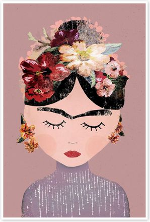 Posterlounge Frida mit Blumenkranz, pastellrosa Poster von treechild 70 x 100 cm Rosé Wandbilder Wanddeko