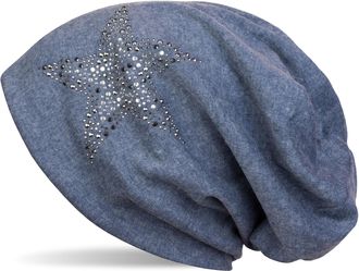 styleBREAKER Damen Slouch Beanie M&uuml;tze mit Strass Stern | Glitzer Longbeanie aus weicher Viskose | One Size f&uuml;r Erwachsene, Farbe:Jeansblau meliert