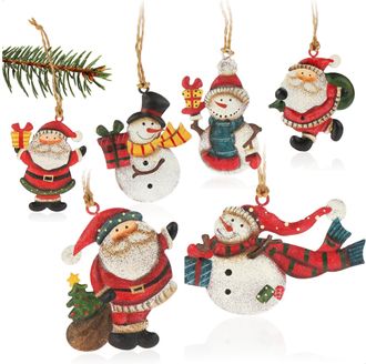 Com-Four 6X Metallanhänger für den Weihnachtsbaum - Christbaumschmuck aus Metall - Weihnachtsdeko mit Schneemann und Weihnachtsmann (6 Stück - Santa + Schneema