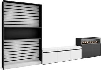 Skraut Home | Wohnwand Wohnzimmer | Wohnzimmerm&ouml;bel, M&ouml;belset | 360x186x35cm | F&uuml;r TV-Ger&auml;te bis zu 65 | Elektrokamin. | Moderner Stil | Wei&szlig; und Schwarz