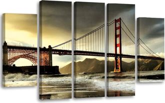 Feeby Leinwandbild - 5 Teile - Bilder, Wand Bild, Wandbilder, Kunstdruck XXL, 5-Teilig, Typ B, 200x100 cm, BUCHT VON SAN FRANCISCO, GOLDEN Gate BRIDGE, Sonn